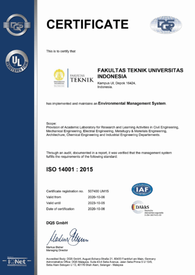 Sertifikat ISO 14001:2015 – Unit Penjaminan Mutu Akademik – FTUI